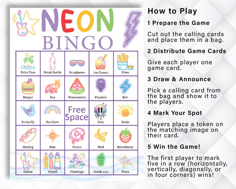60 Neon Bingo Cards, Neon Birthday Party Game, Glow Party Game, Kids ...