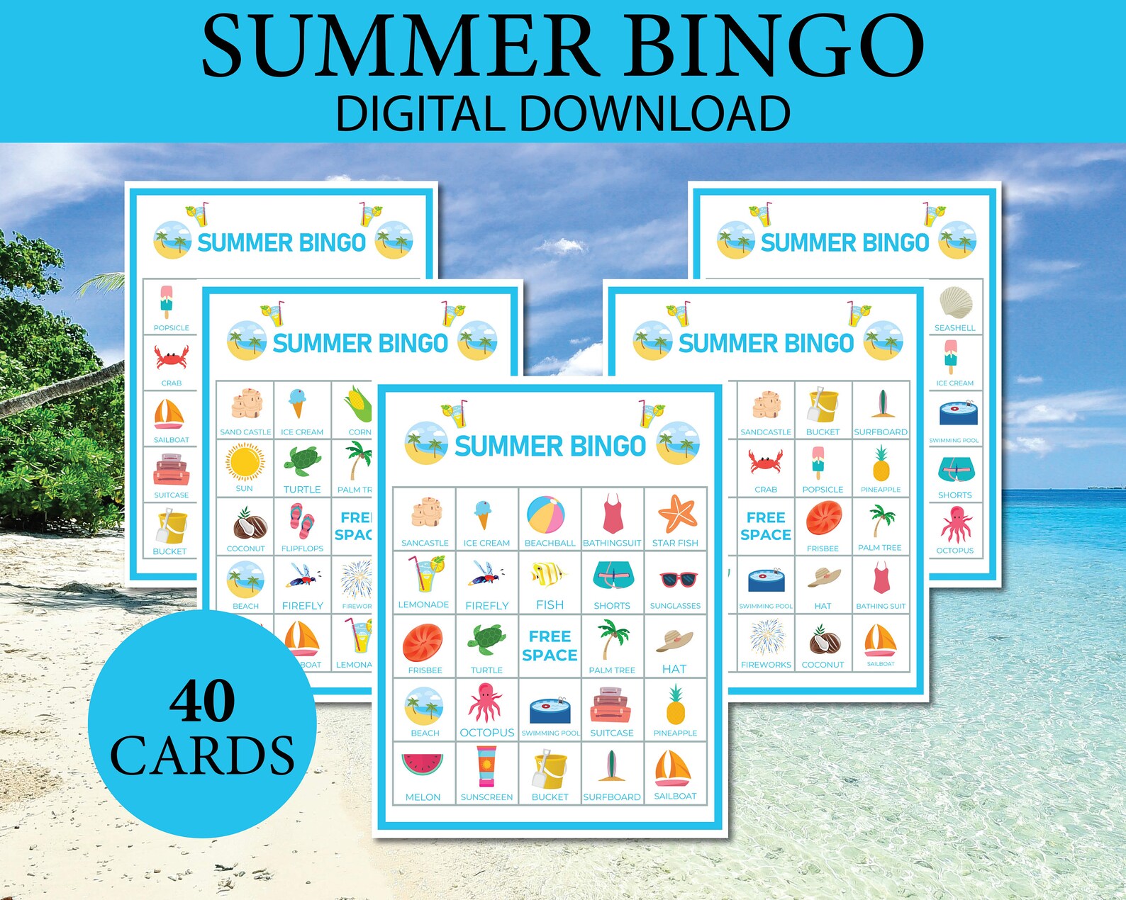 Summer Bingo, 40 Summer Bingo Cards, Summer Game, Kid's Printable Bingo ...