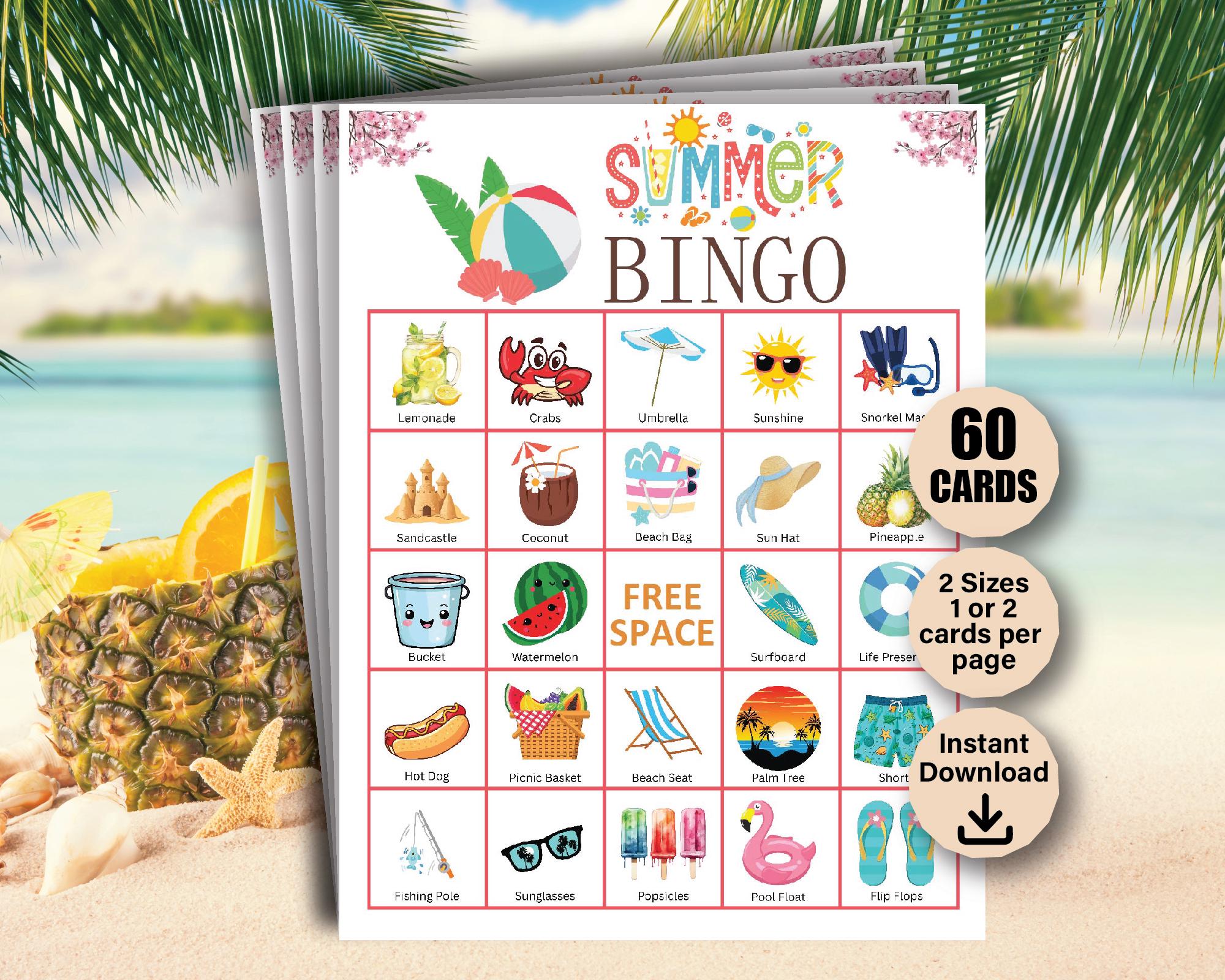 Summer Bingo, 60 Summer Bingo Cards, Summer Game, Kid's Printable Bingo ...