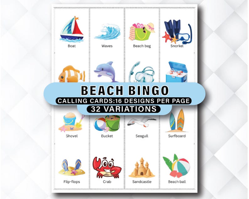 60 Beach Day Bingo Cards ,beach Party Bingo, Summer Party Game, Beach ...