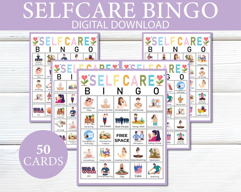 Self Care Bingo Game Printable, 50 Mental Health Self-care Bingo Cards ...