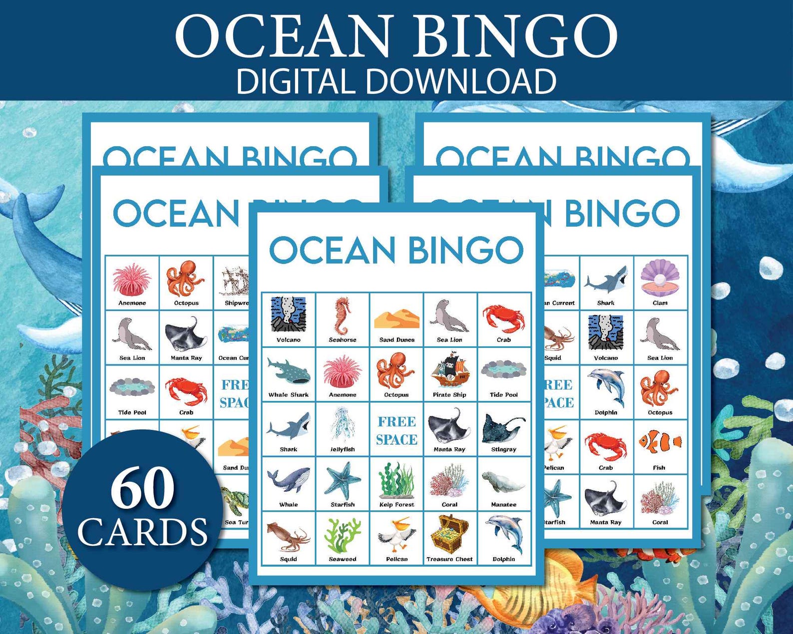 60 Printable Ocean Bingo Cards, Ocean Activity, Ocean Bingo, Under the ...