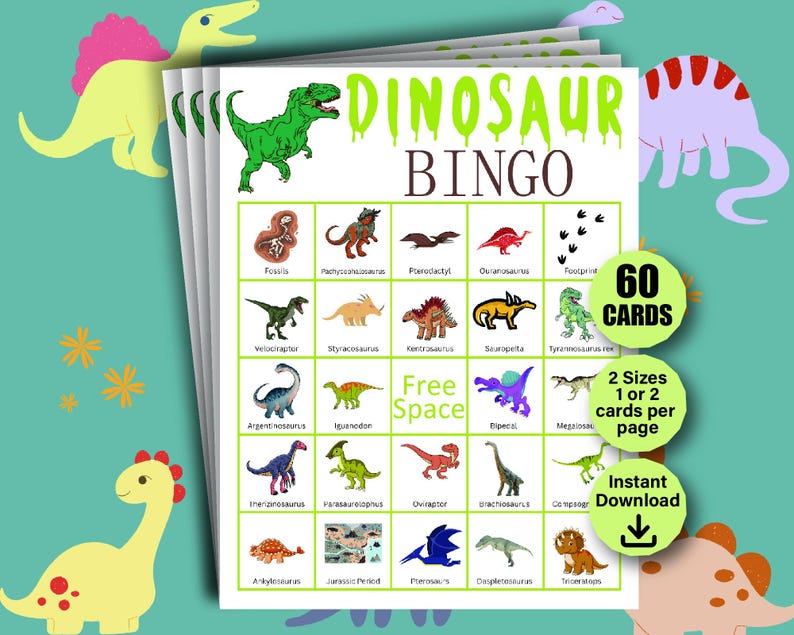 60 Dinosaur Bingo Cards, Dinosaurs Bingo Games, T-rex Party Activity ...