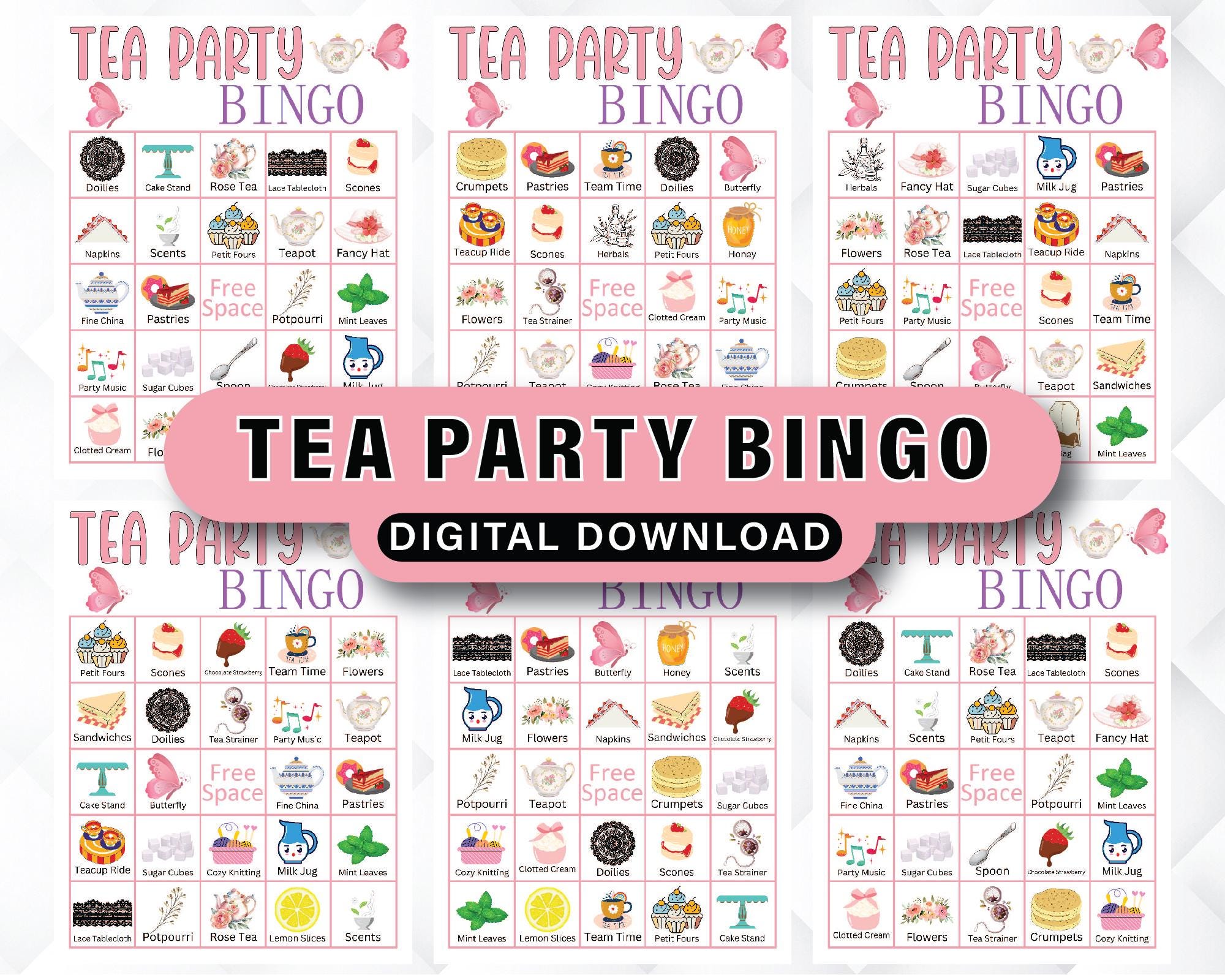 60 Tea Party Bingo Cards, High Tea Bingo, Tea Party Birthday Bingo ...