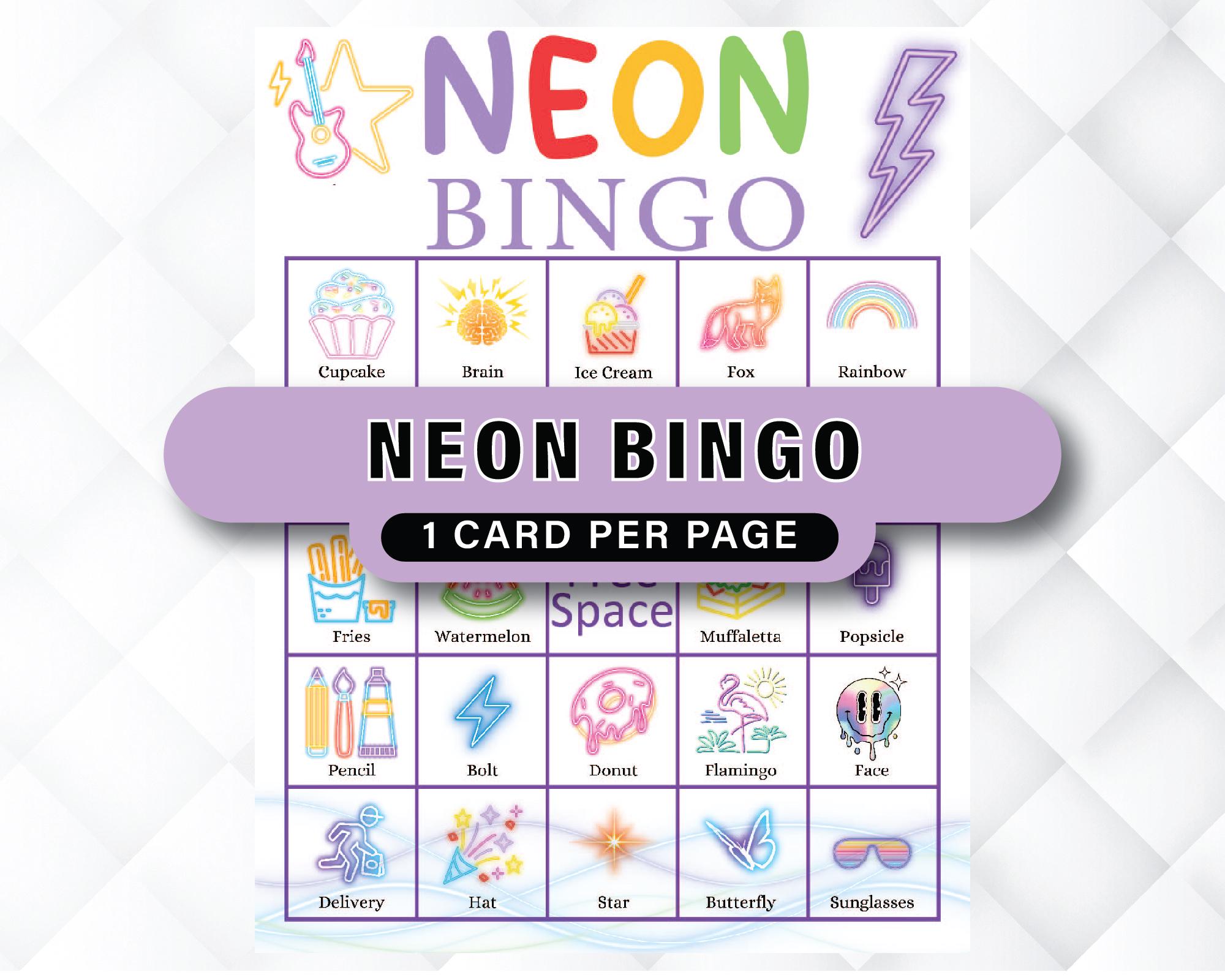 60 Neon Bingo Cards, Neon Birthday Party Game, Glow Party Game, Kids ...