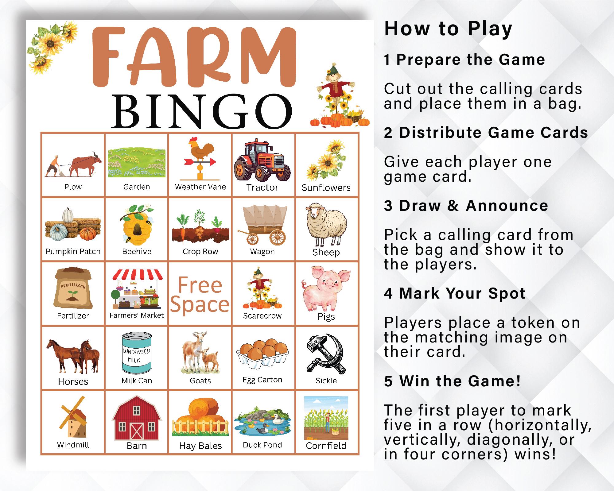 60 Farm Bingo Cards, Farm Bingo Game, Farm Party Game, Barnyard ...