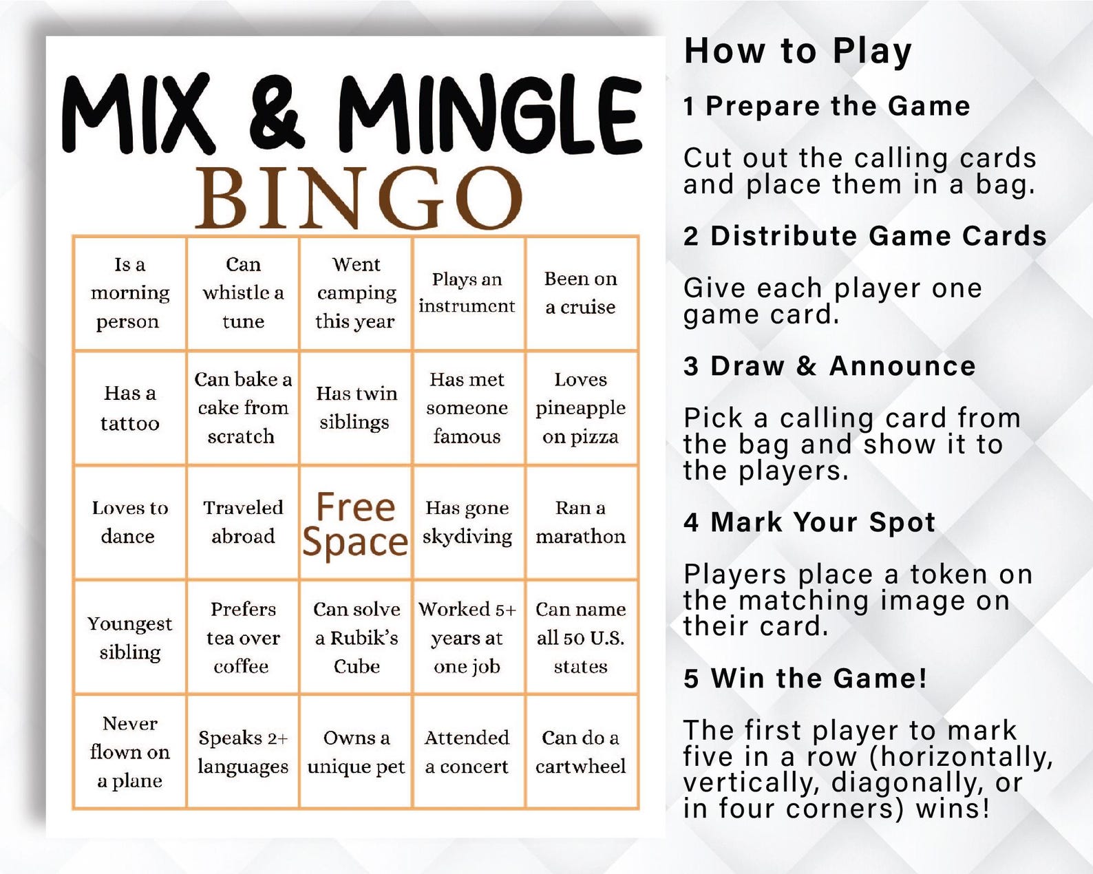 Mix and Mingle Bingo, Get to Know You Questions, Class Reunion Games ...