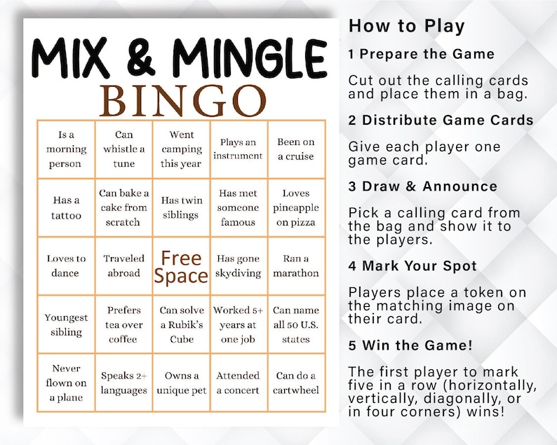 Mix and Mingle Bingo, Get to Know You Questions, Class Reunion Games, Find Someone Who, Ice ...