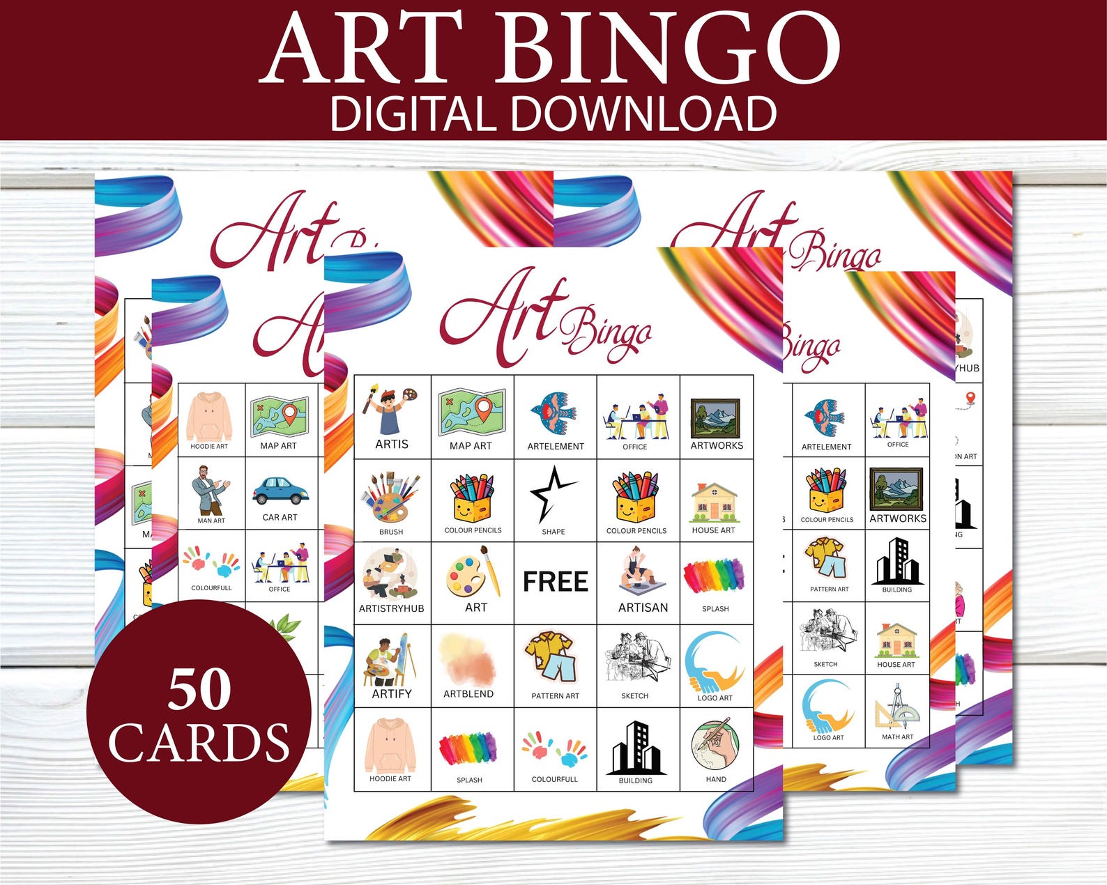 Art Bingo, 50 Printable Art Bingo Cards, Art Party Game for Kids, Art ...