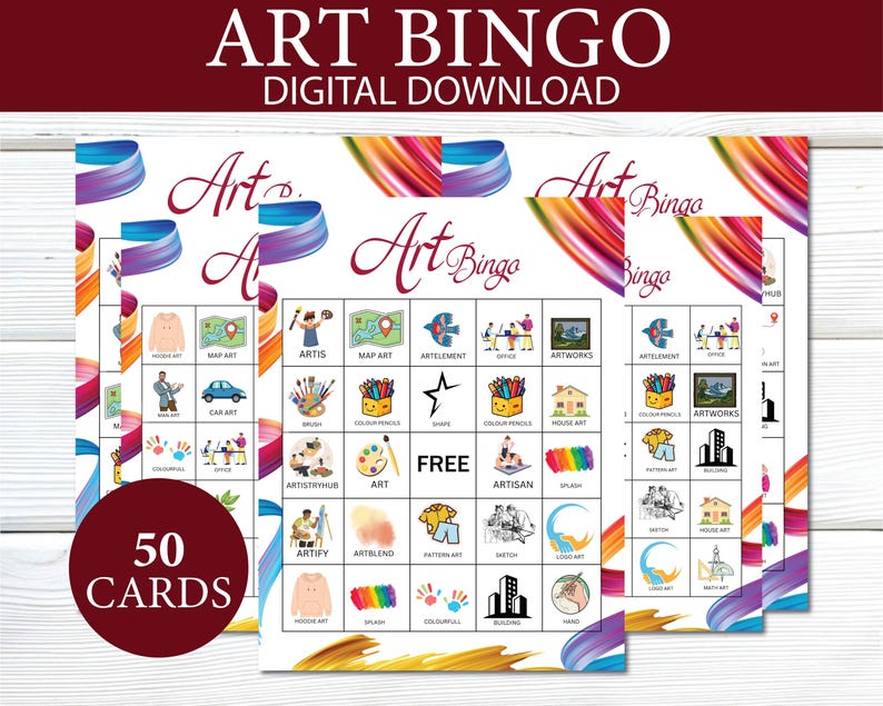 Art Bingo, 50 Printable Art Bingo Cards, Art Party Game for Kids, Art ...