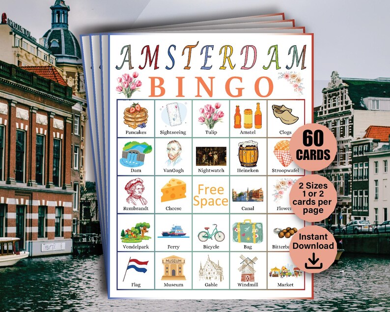 60 Amsterdam Bingo Cards, Amsterdam Travel Bingo, City Explore Game ...