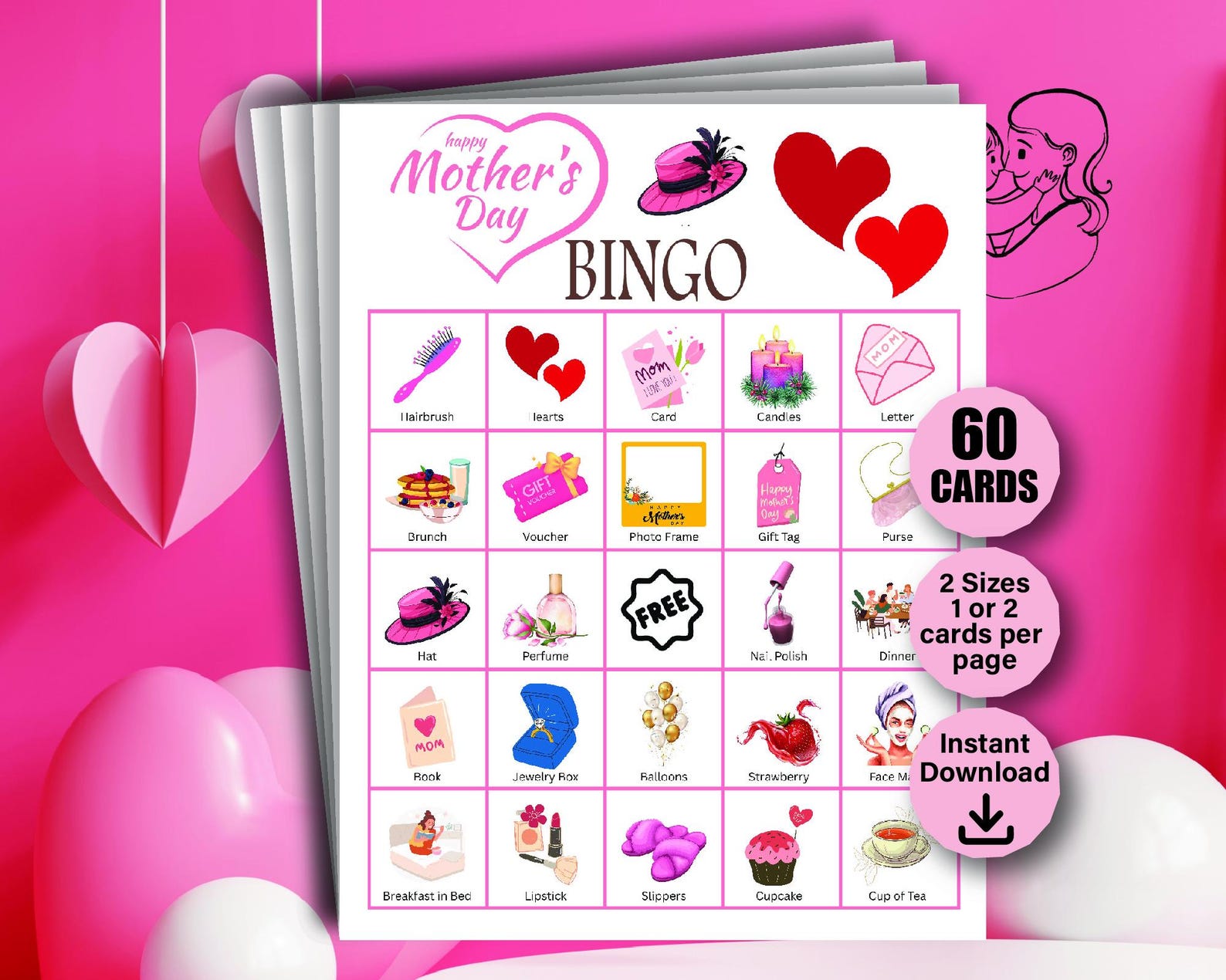 60 Mother's Day Bingo Cards, Mother's Day Party Game, Mother's Day ...