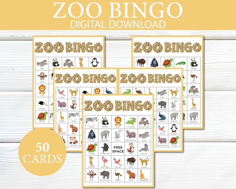 Zoo Bingo, 50 Printable Zoo Bingo Cards, Zoo Birthday Bingo, Animal ...