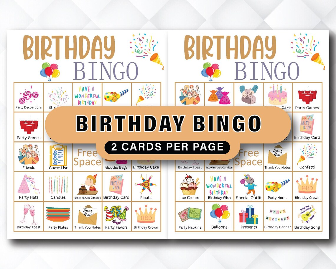 Birthday Bingo Cards Printable Game, 60 Happy Birthday Bingo Board Game ...