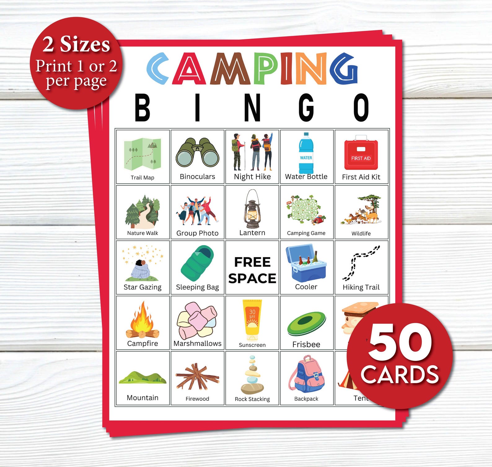 50 Camping Bingo Card Printable Game, Camping Party Game, Forest Nature ...