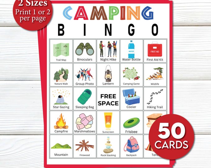 50 Camping Bingo Card Printable Game, Camping Party Game, Forest Nature ...