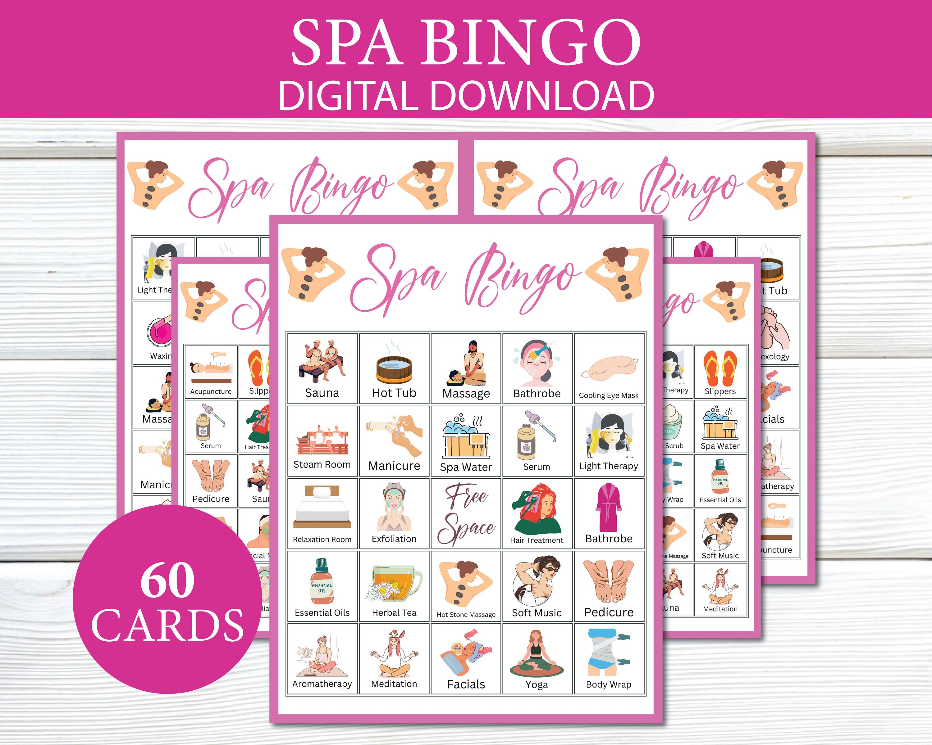 Spa Bingo, 60 Spa Bingo Cards, Spa Birthday Party Game, Spa Themed ...