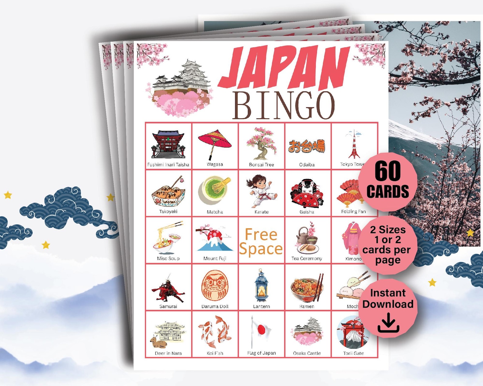 60 Japan Bingo Cards, Japan Travel Bingo, Asia Trip Vacation, Japanese ...