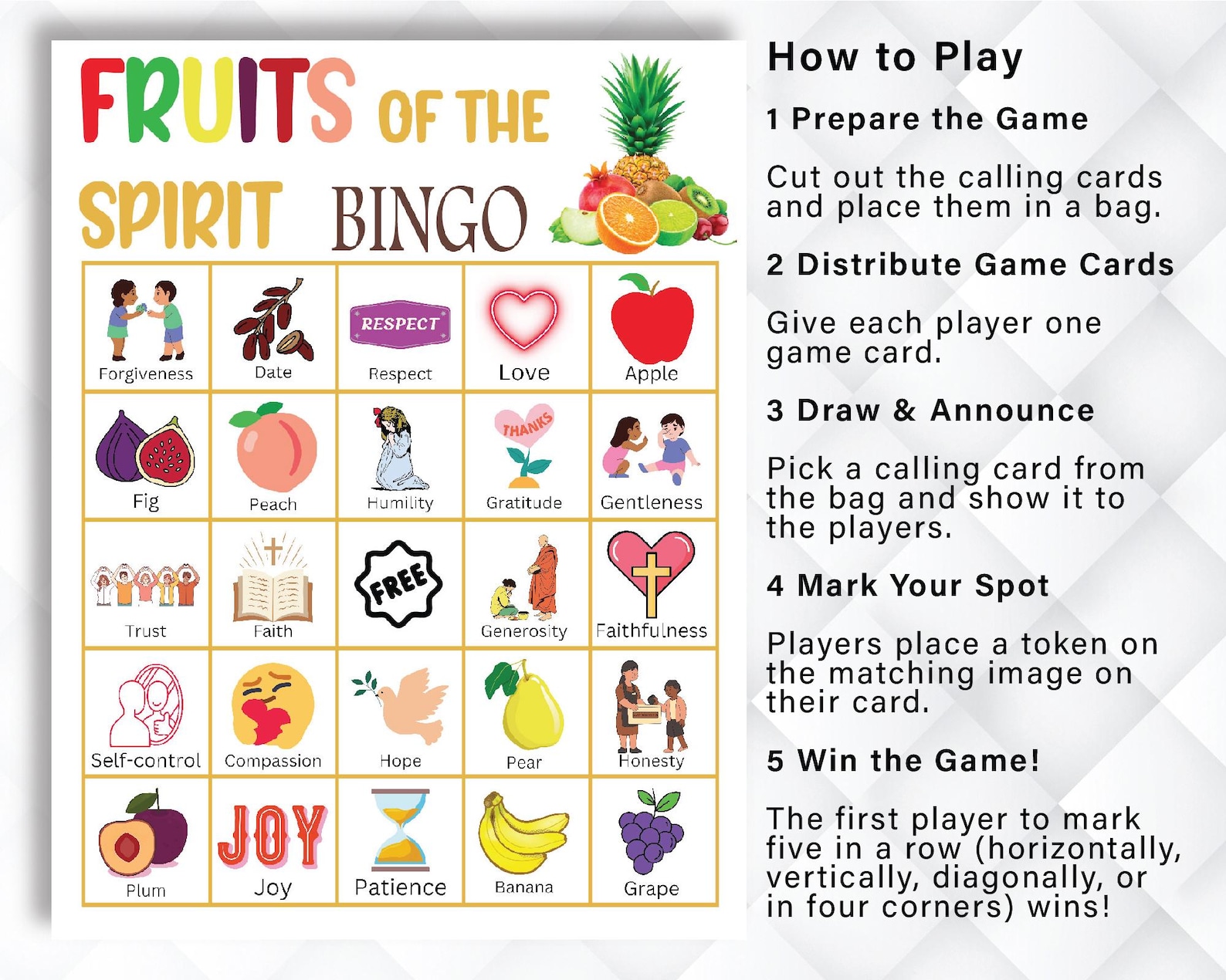 Fruit of the Spirit Bingo, Bible Bingo, Bible Activity for Kids, Bible ...