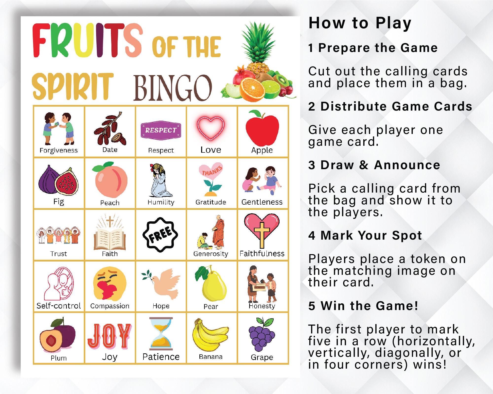Fruit of the Spirit Bingo, Bible Bingo, Bible Activity for Kids, Bible ...