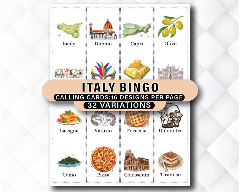 60 Italy Travel Bingo Cards, Italy Trip Vacation Game, Italy Themed ...