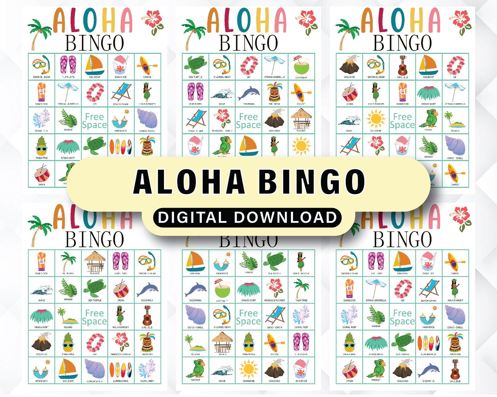 60 Aloha Bingo Cards, Luau Bingo, Hawaiian Bingo, Luau Birthday Party ...