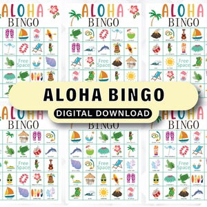 60 Aloha Bingo Cards, Luau Bingo, Hawaiian Bingo, Luau Birthday Party ...