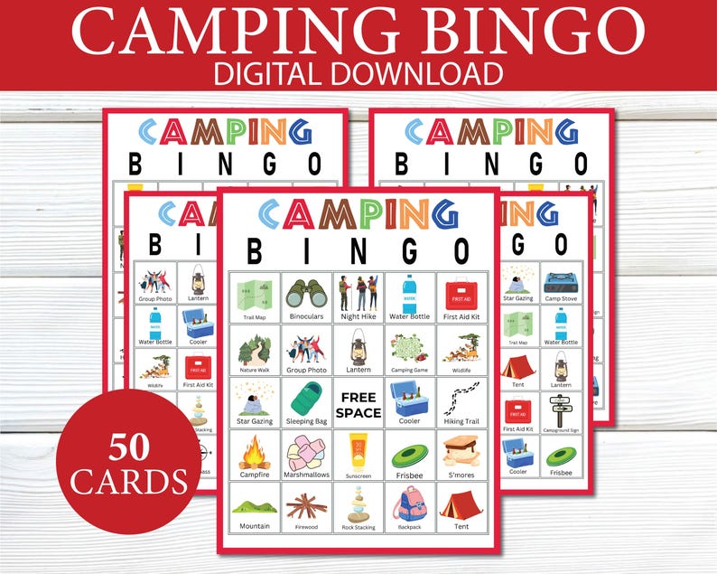 50 Camping Bingo Card Printable Game, Camping Party Game, Forest Nature ...