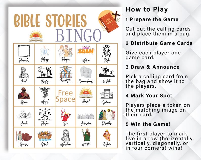 60 Bible Bingo Cards, Bible Stories Bingo, Sunday School Bingo, Bible ...