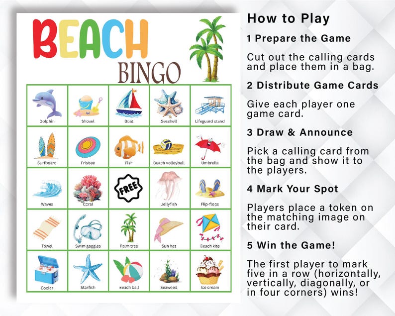 60 Beach Day Bingo Cards ,beach Party Bingo, Summer Party Game, Beach ...