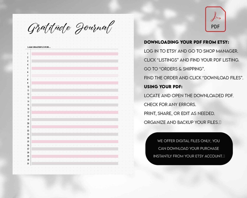 Gratitude Journal, PRINTABLE Journal Page, Wellness Journal, Gratitude ...