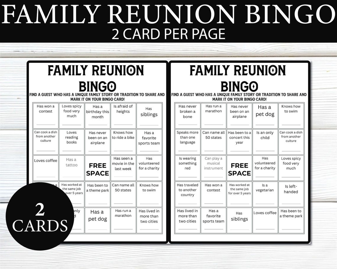 50 Family Reunion Bingo Cards, Family Reunion Find the Guest Bingo ...