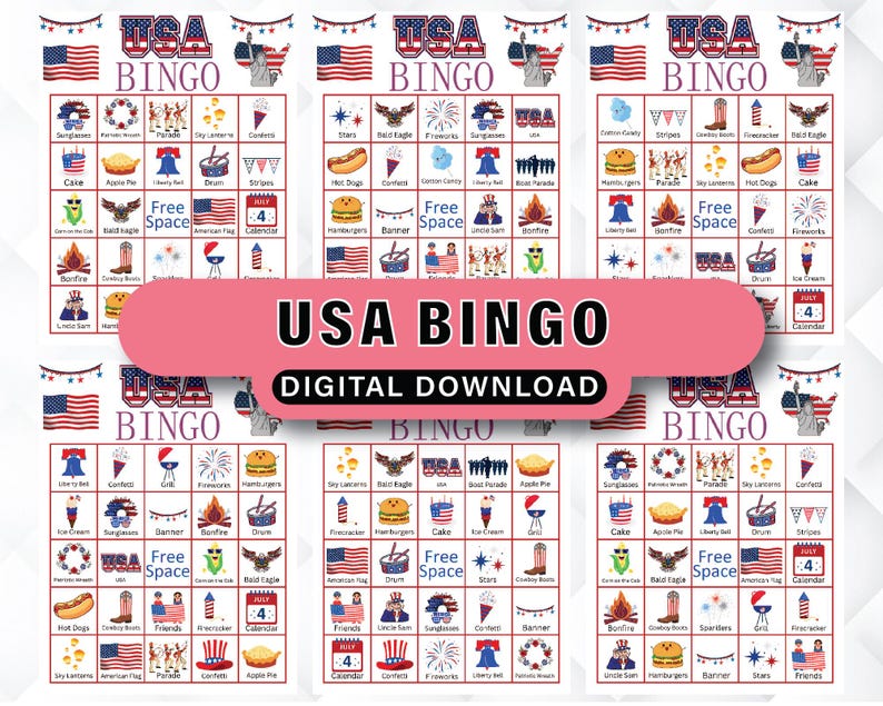 4th of July Bingo, 60 Fourth of July Bingo Cards, American Independence ...