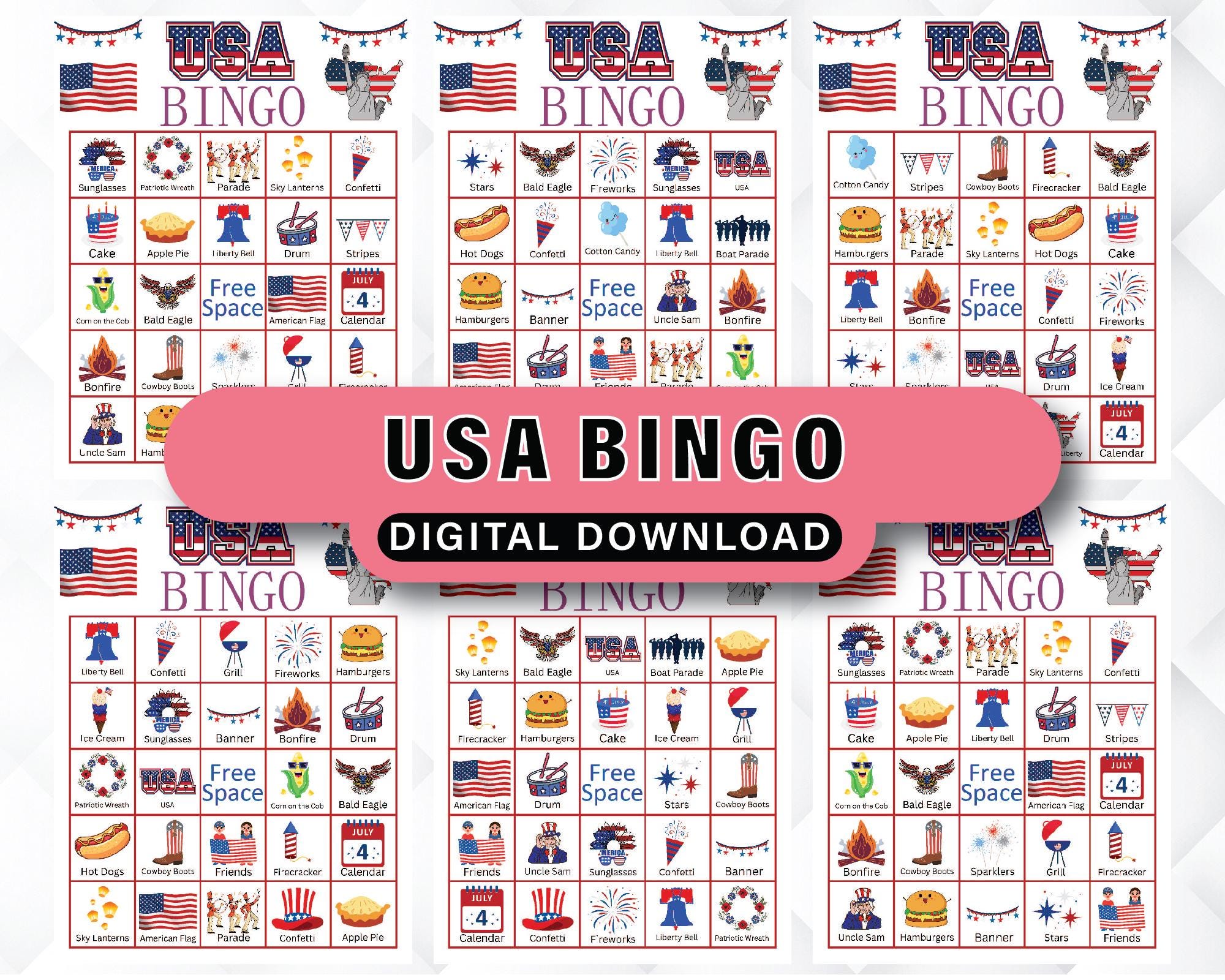 4th of July Bingo, 60 Fourth of July Bingo Cards, American Independence ...