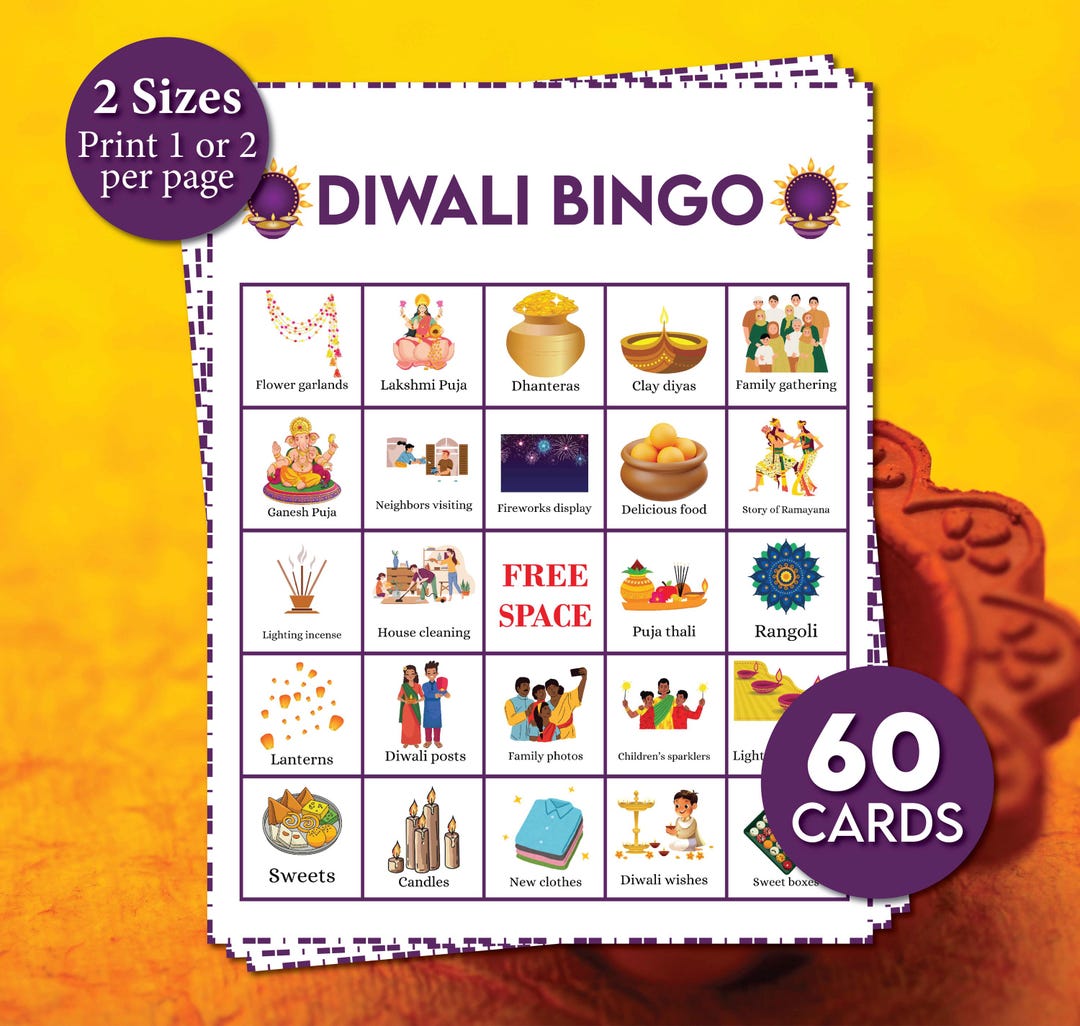 60 Diwali Bingo Cards, Diwali Bingo, Desi Indian Party Activity, Diwali ...