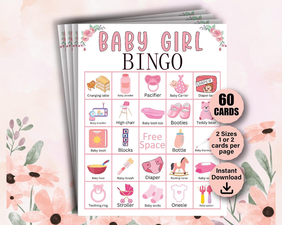 60 Girl Baby Bingo Cards, Baby Girl Shower Game, Pink Floral Bingo ...