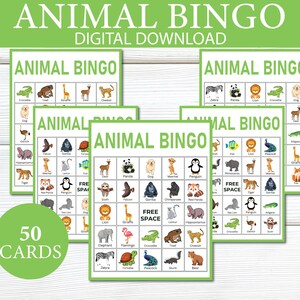 Animal Bingo, 50 Printable Animal Bingo Cards, Animal Birthday Bingo ...
