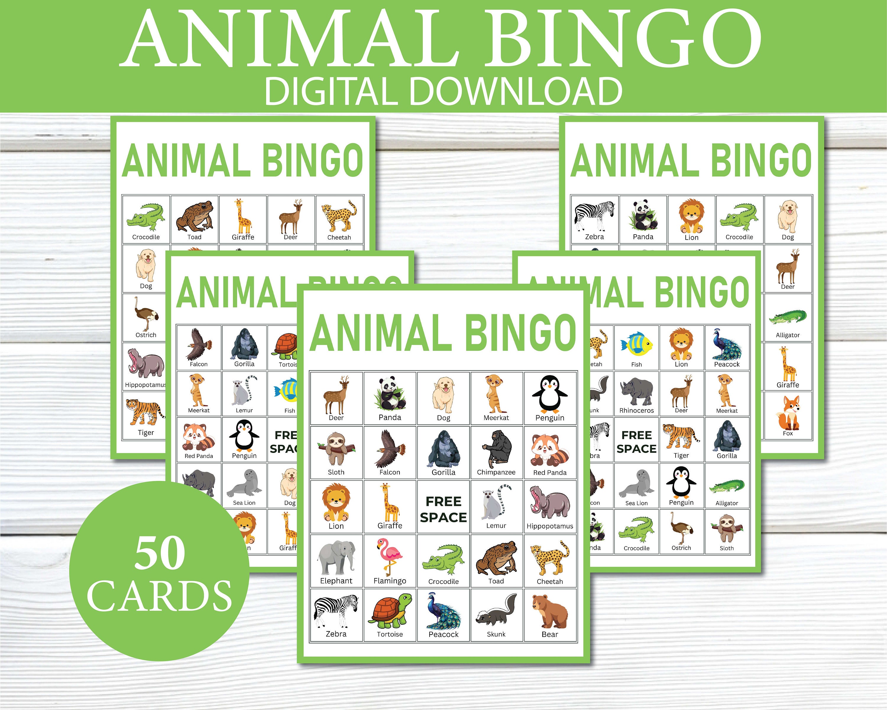 Animal Bingo, 50 Printable Animal Bingo Cards, Animal Birthday Bingo ...