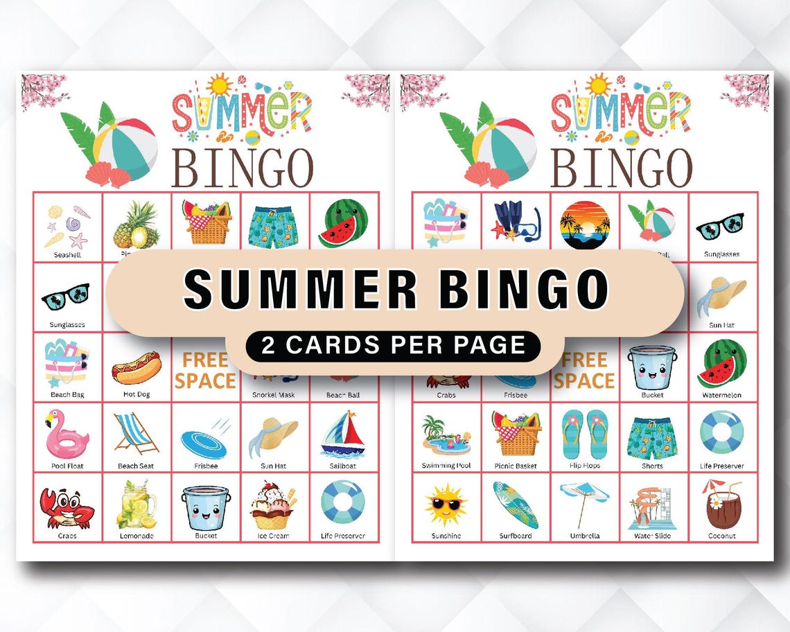 Summer Bingo, 60 Summer Bingo Cards, Summer Game, Kid's Printable Bingo ...