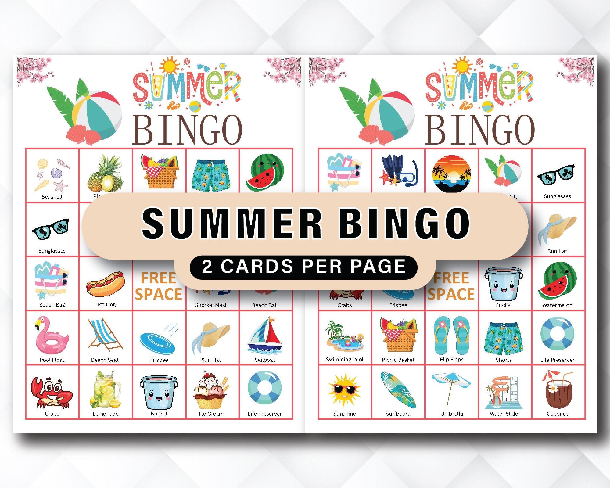 Summer Bingo, 60 Summer Bingo Cards, Summer Game, Kid's Printable Bingo ...