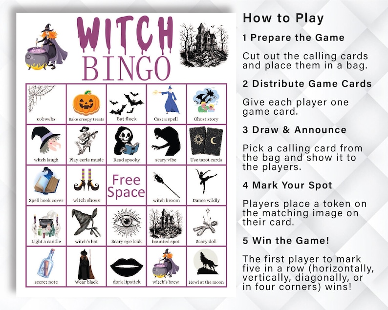 60 Witch Bingo Cards, Wicked Themed Party Game, Halloween Party Gam ...