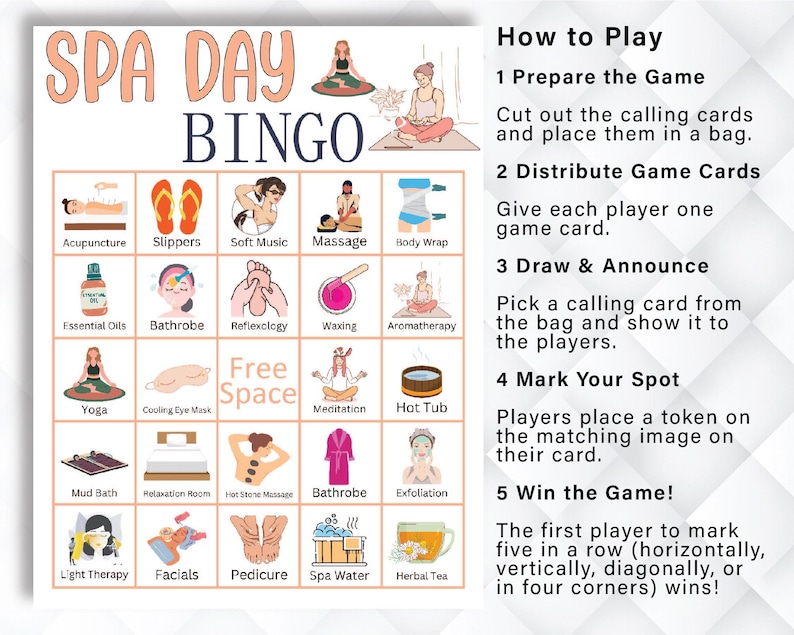 Spa Bingo, 60 Spa Bingo Cards, Spa Birthday Party Game, Spa Themed ...