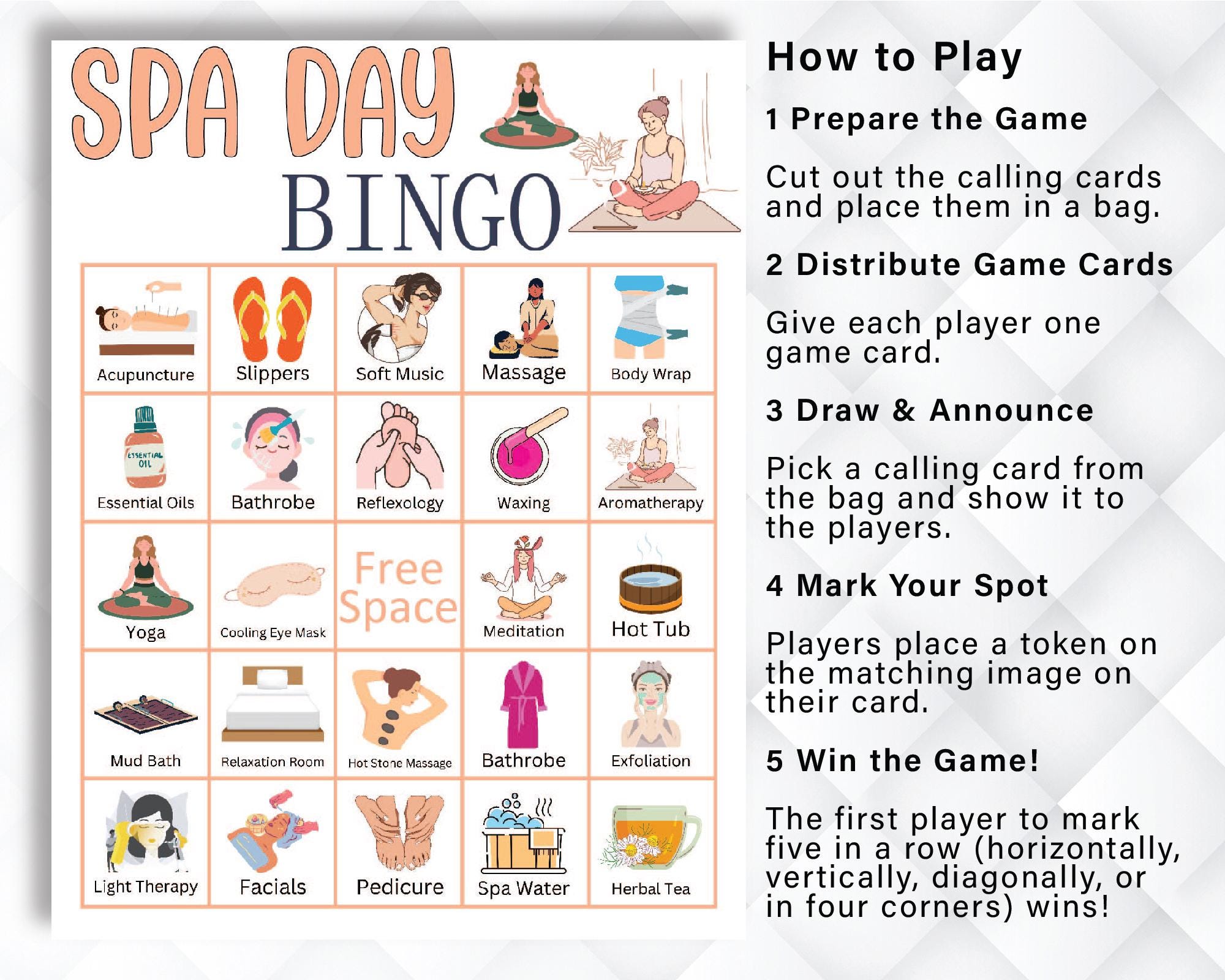 Spa Bingo, 60 Spa Bingo Cards, Spa Birthday Party Game, Spa Themed ...