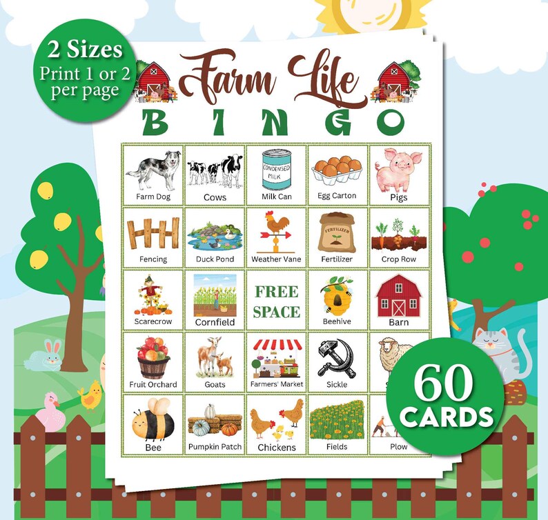 60 Printable Farm Bingo Cards, Farm Bingo Cards, Farm Party Game ...