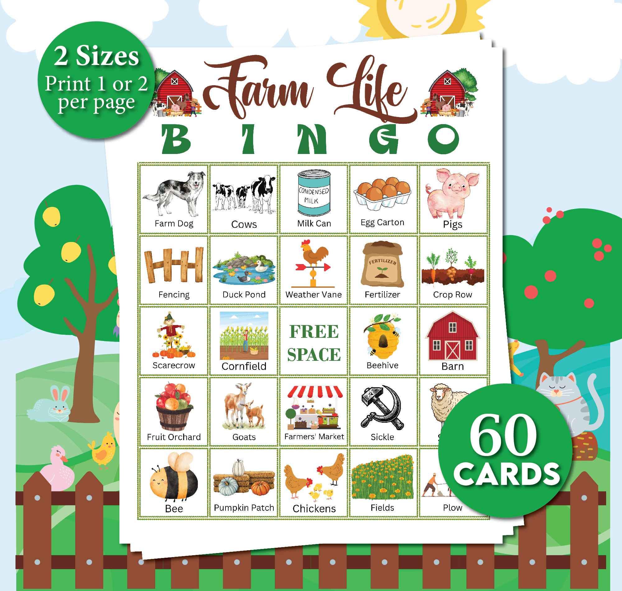60 Printable Farm Bingo Cards, Farm Bingo Cards, Farm Party Game ...