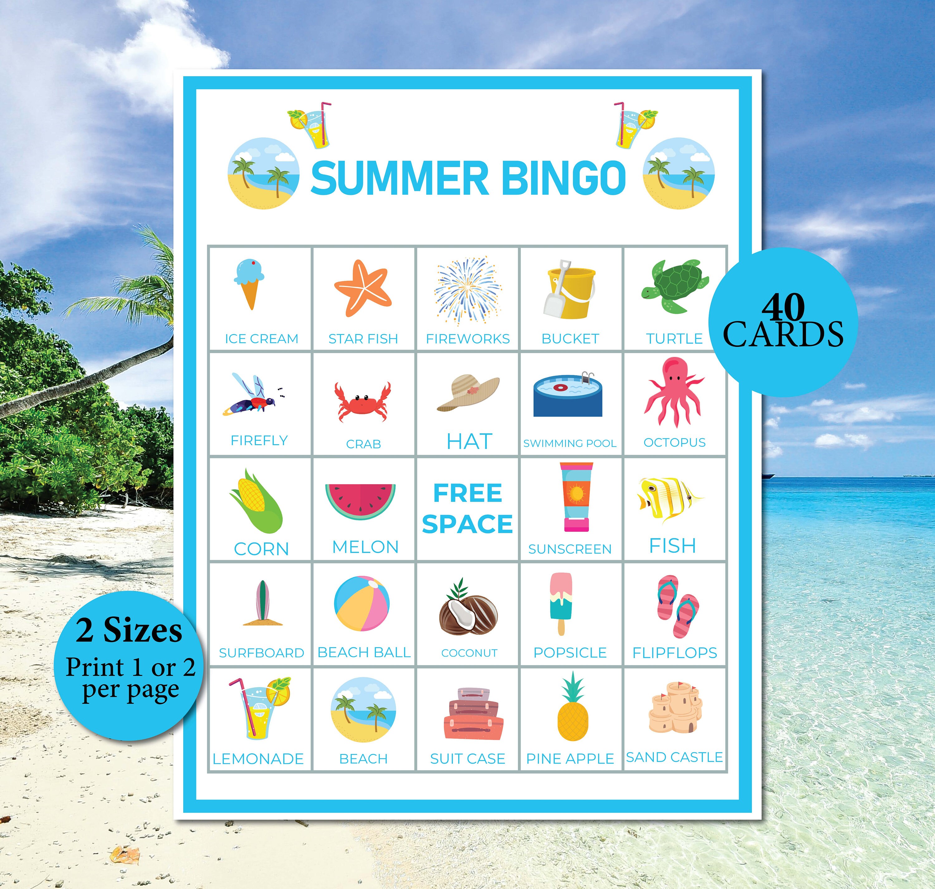 Summer Bingo, 40 Summer Bingo Cards, Summer Game, Kid's Printable Bingo ...