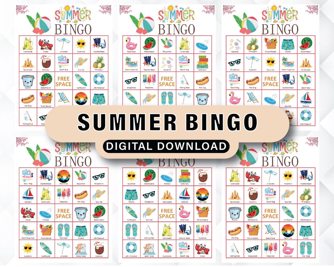 Summer Bingo, 60 Summer Bingo Cards, Summer Game, Kid's Printable Bingo ...