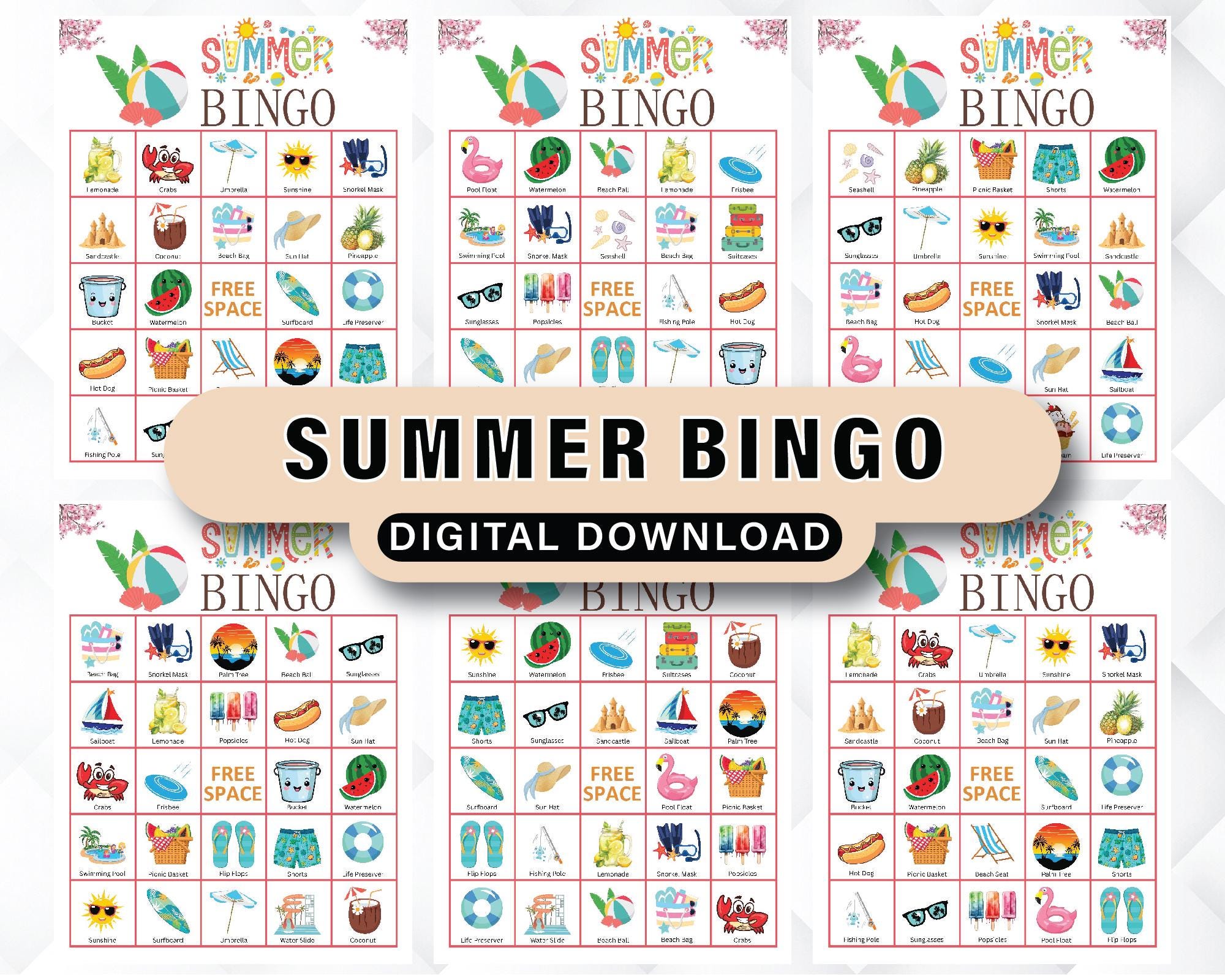 Summer Bingo, 60 Summer Bingo Cards, Summer Game, Kid's Printable Bingo ...