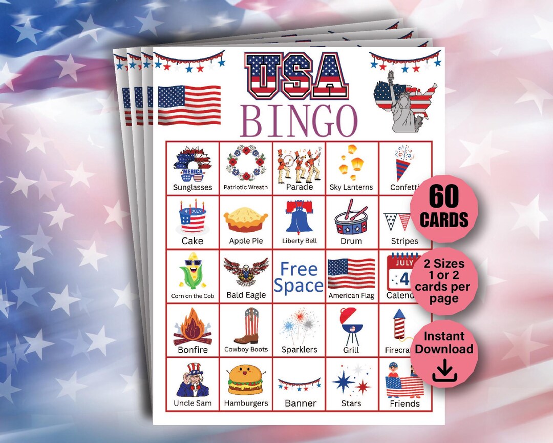 4th of July Bingo, 60 Fourth of July Bingo Cards, American Independence ...