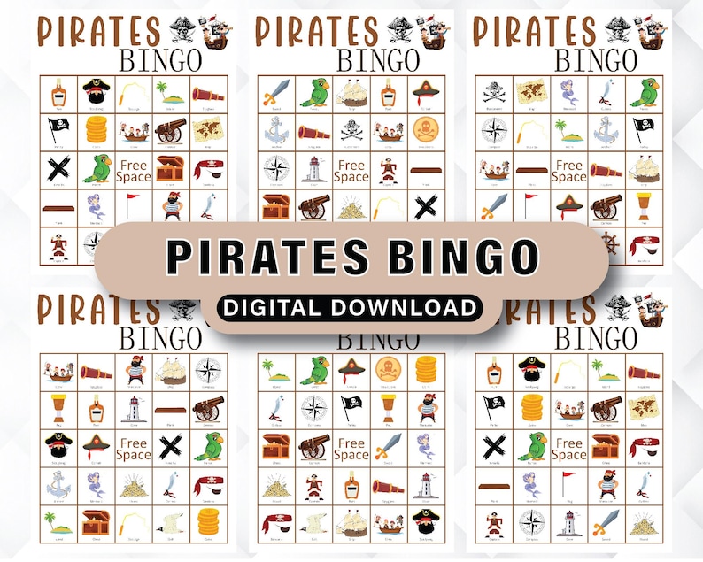 60 Pirate Bingo Cards, Pirate Bingo Games, Pirate Birthday Party ...